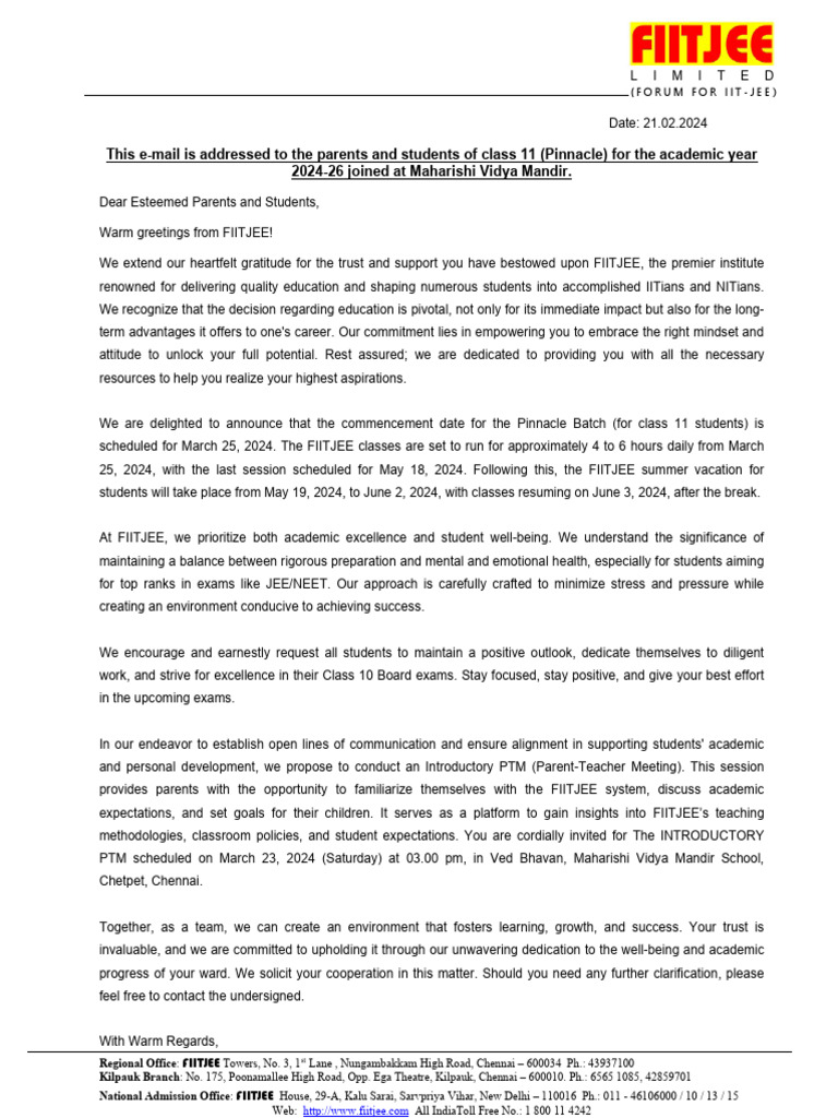 MVM - batch start intimation class 11 2024 (1) | PDF