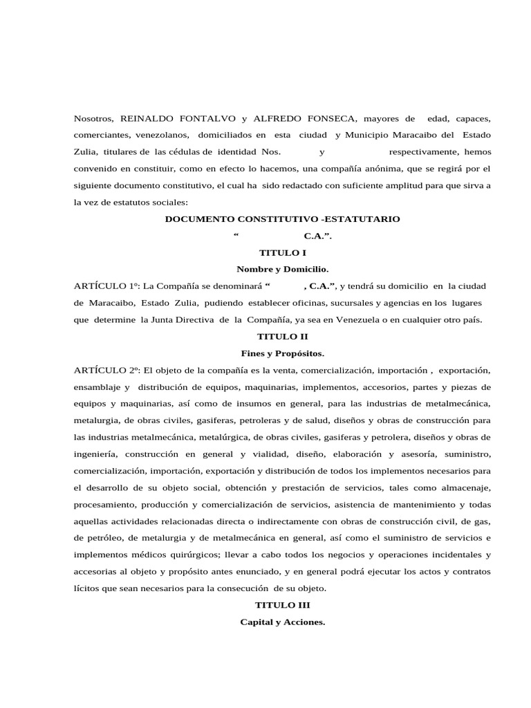 ACTA CONSTITUTIVA (Modelo) | PDF | Compartir (Finanzas) | Dividendo