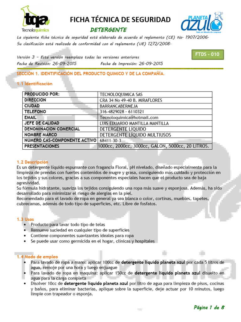Ficha Tecnica Detergente Liquido | PDF