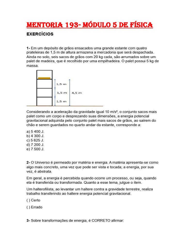 Mentoria 193 Módulo 5 Física Exercícios | PDF