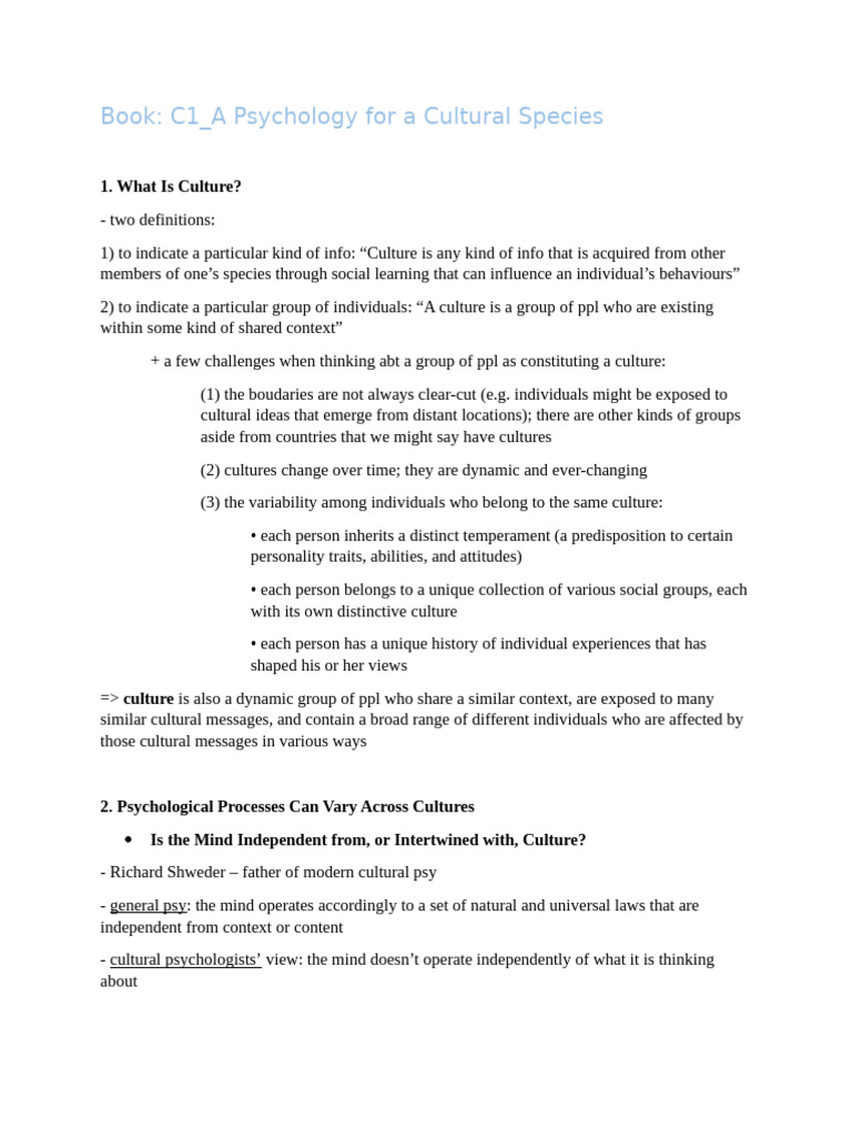 Notes T1 - Cross-Cultural Psy - Psychology B1 EUR (2023-2024) | PDF