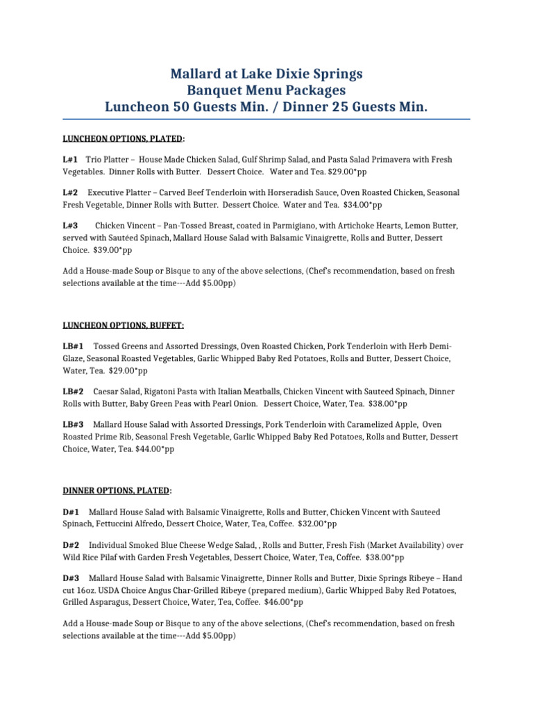 Sept. 2019 Mallard at Lake Dixie Springs - Banquet Menu Packages | PDF