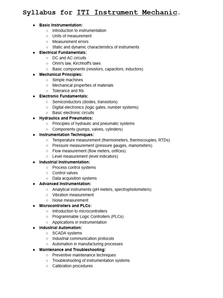 ITI Instrument Mechanic Syllabus | PDF