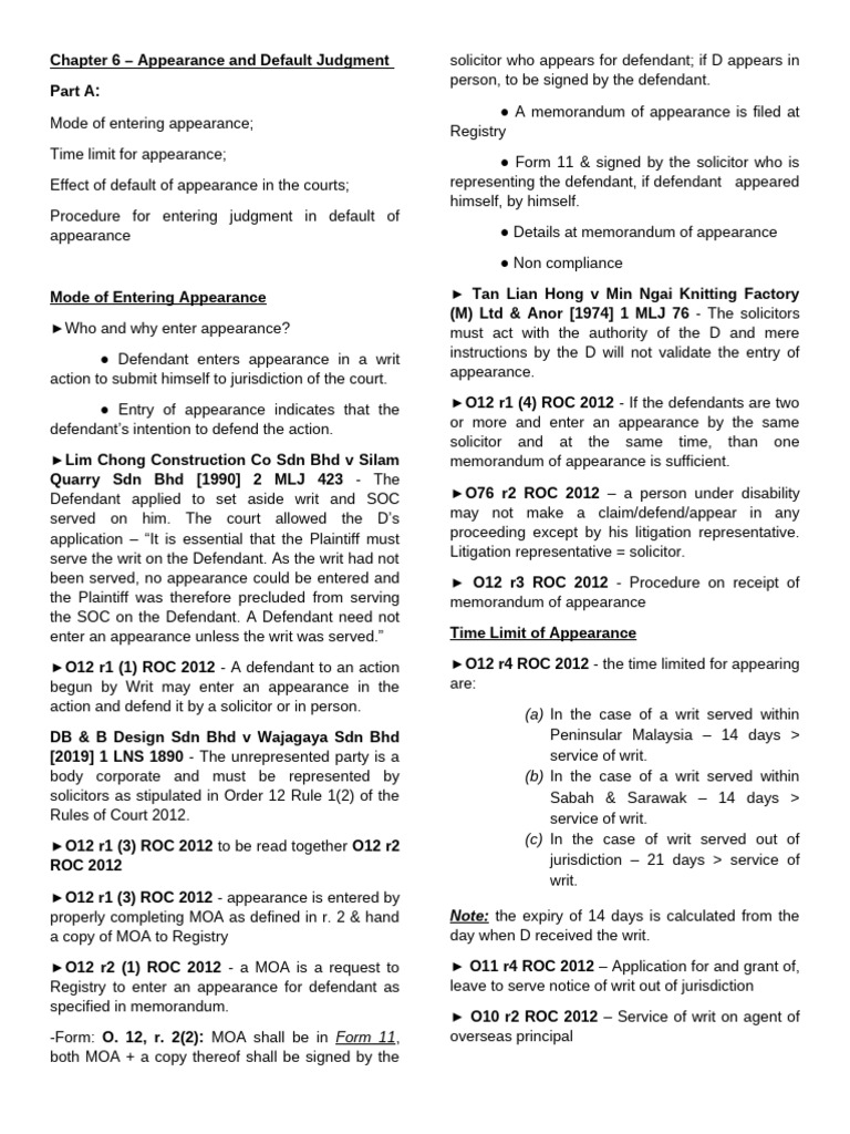 Chapter 6 (Appearance and Default Judgment) | PDF