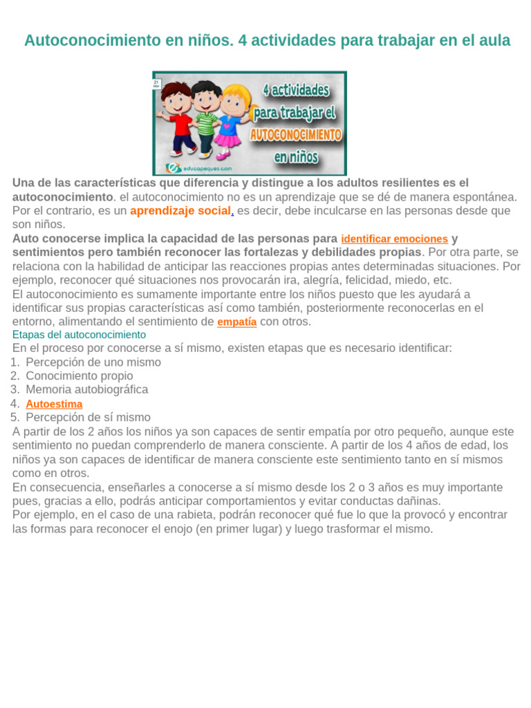Autoconocimiento en Niños. 4 Actividades para Trabajar en El Aula | PDF