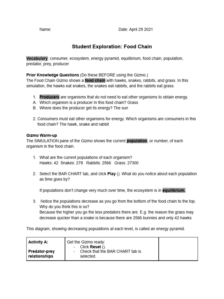 Student Exploration - Food Chain | PDF