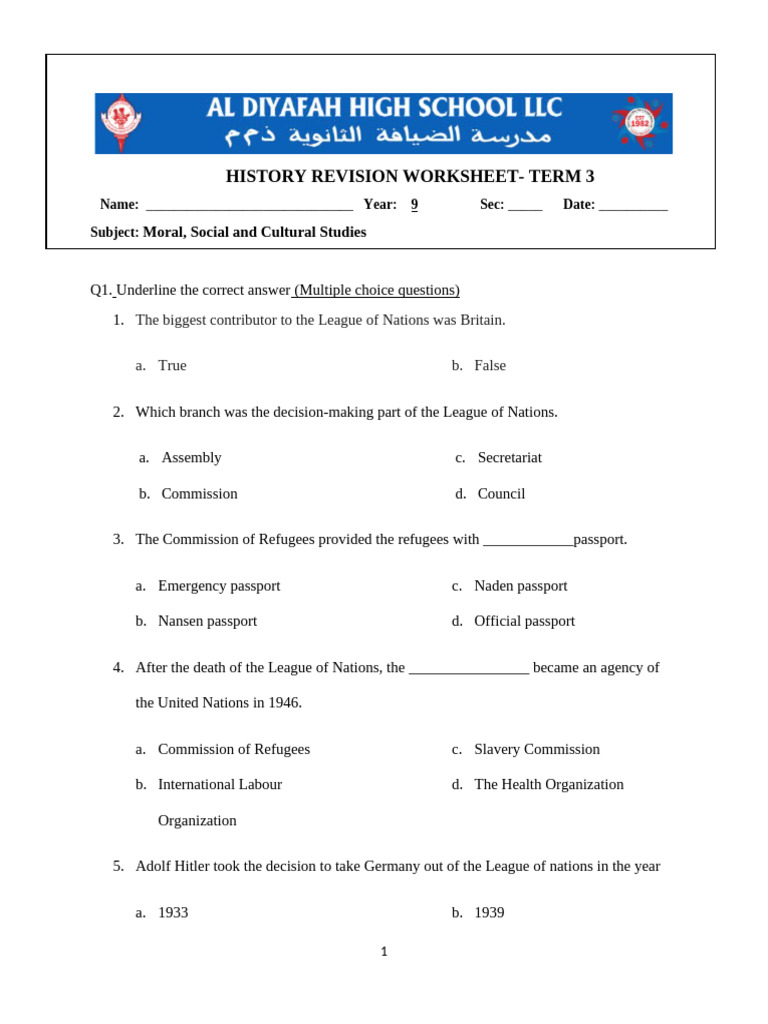 Yr 9 History Revision Worksheet Term 3 1 | PDF
