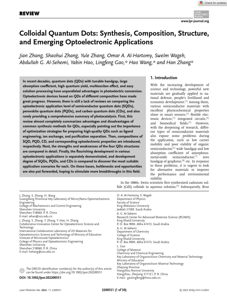 Laser Photonics Reviews - 2022 - Zhang - Colloidal Quantum Dots ...