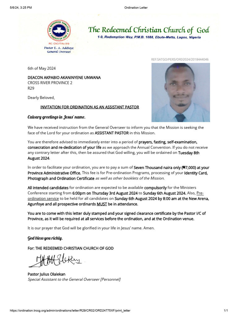 Ordination Letter (Akpabio) | PDF