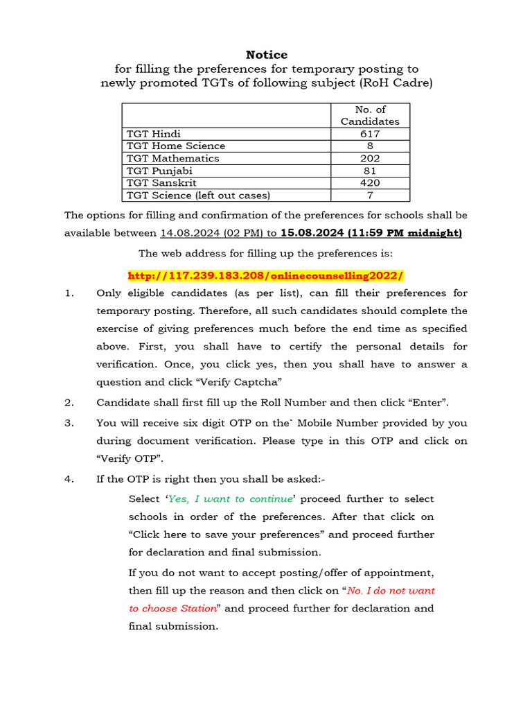 For Filling The Preferences For Temporary Posting To Newly Promoted ...