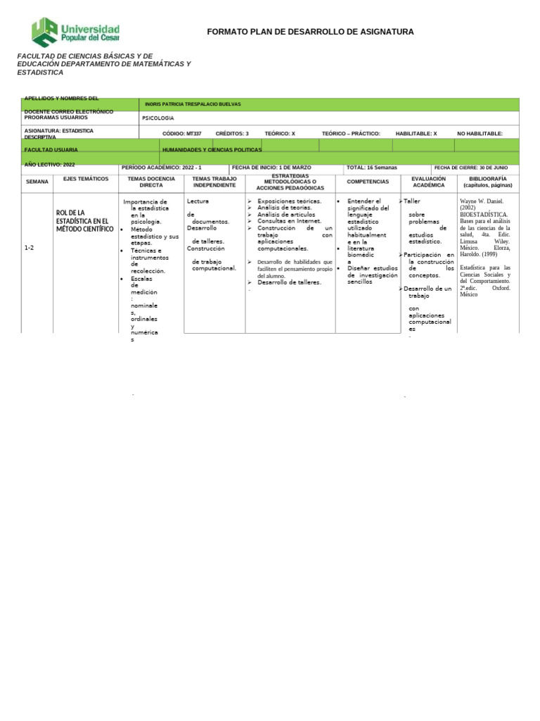 Plan de Desarrollo Estadistica Descriptiva 2024-2 | PDF