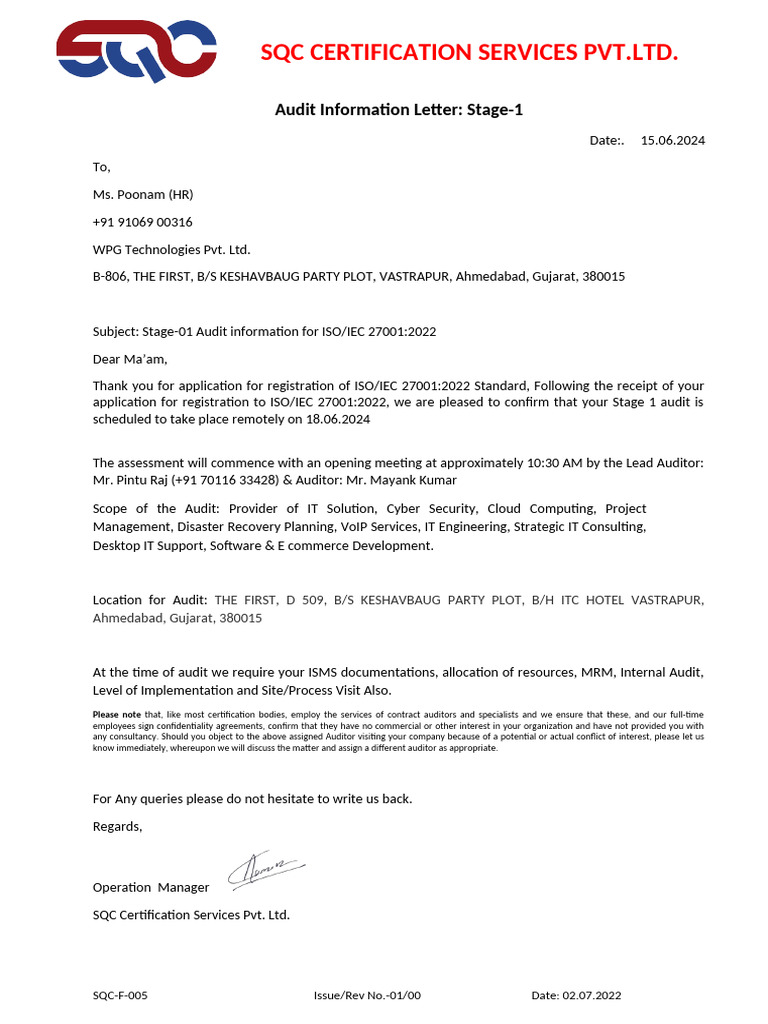 SQC-F-005 - Audit Information Letter Stage-1 WPG TECH (18.06.2024) | PDF