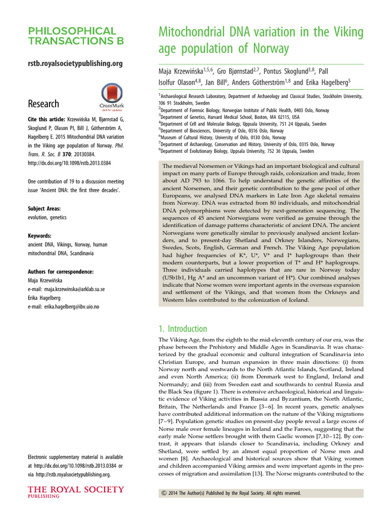 Mitochondrial DNA Variation in The Viking Age Population of Norway | PDF