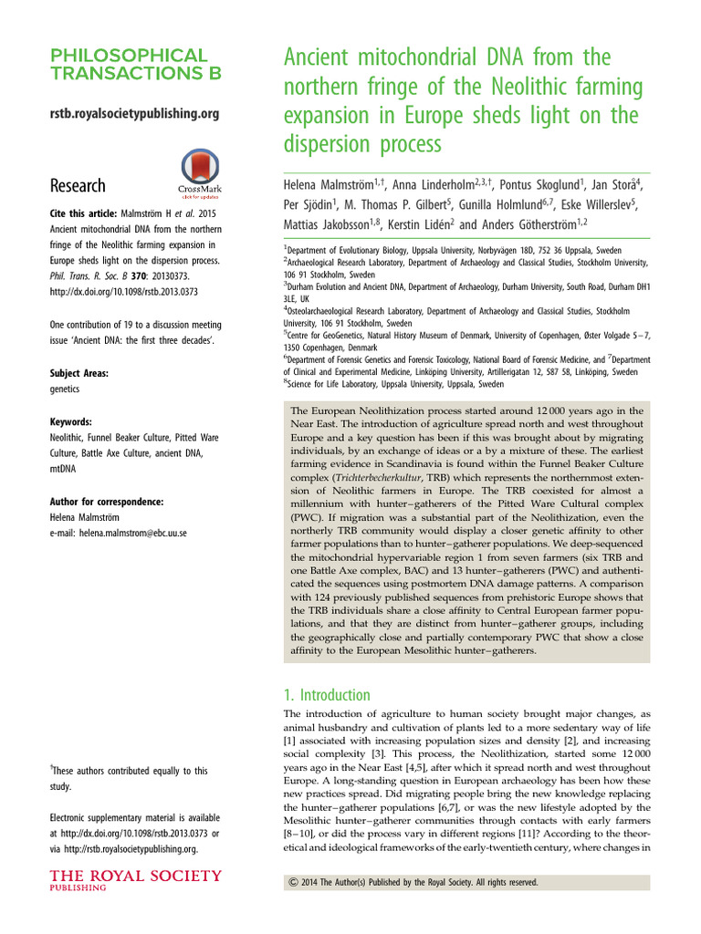 Ancient Mitochondrial DNA From The Northern Fringe of The Neolithic ...