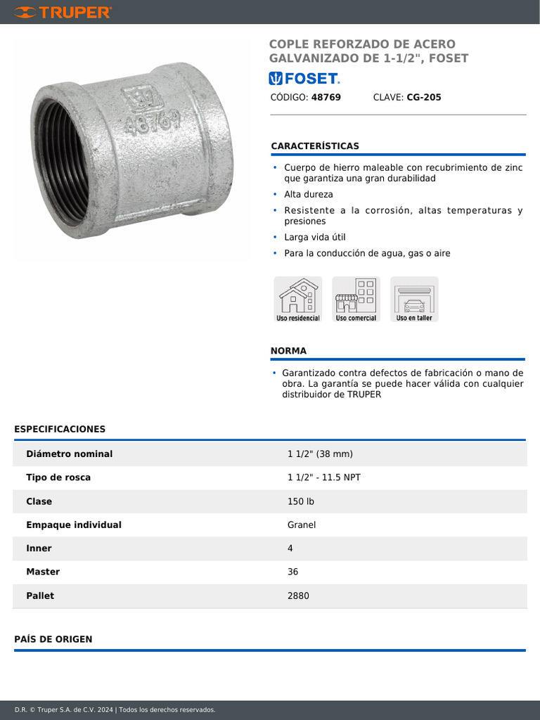 Cople Reforzado de Acero Galvanizado de 1-1/2", Foset: Características | PDF