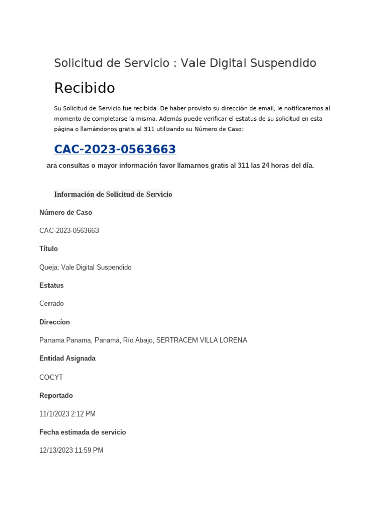 Solicitud de Servicio VALE DIGITAL | PDF