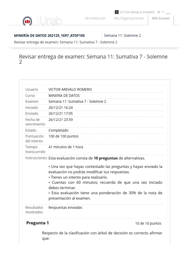 Revisar Entrega de Examen - Semana 11 - Sumativa 7 - Solemne 2 &... | PDF