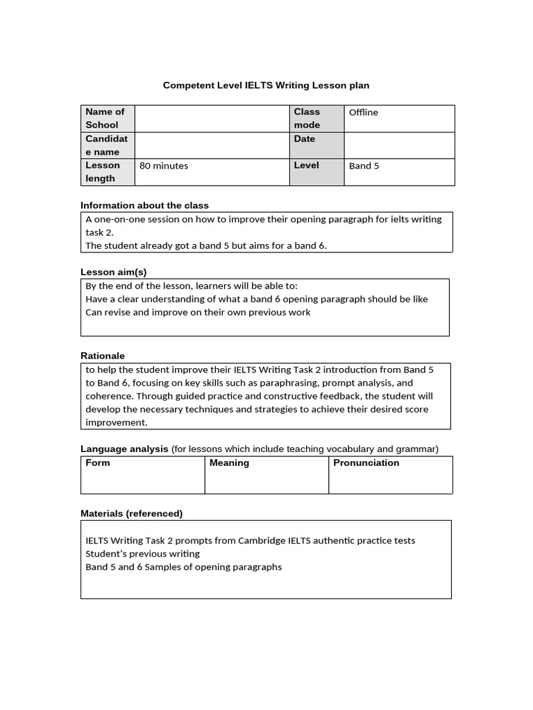 Competent Level IELTS Writing Lesson Plan Template Sample | PDF