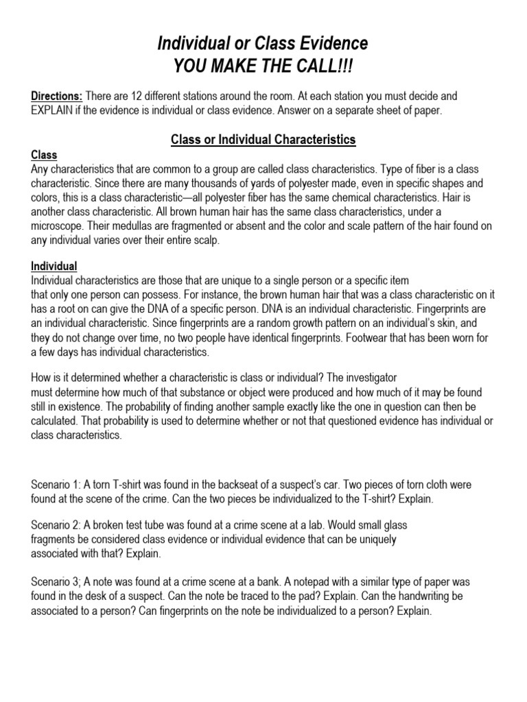 Individual or Class Evidence Activity | PDF