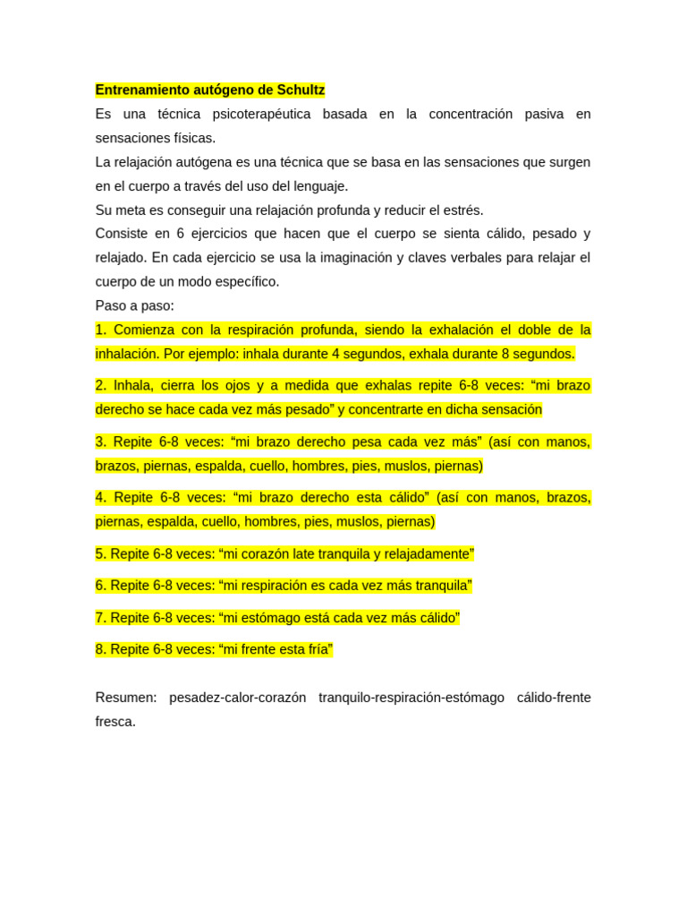 Técnica Entrenamiento Autógeno Schultz | PDF