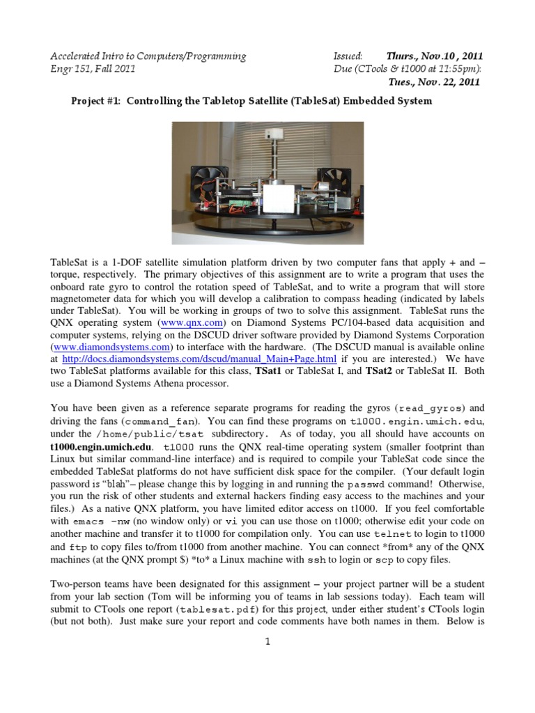 Project #1: Controlling The Tabletop Satellite (Tablesat) Embedded ...