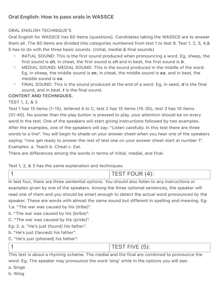 Oral English How To Pass Orals in WASSCE | PDF