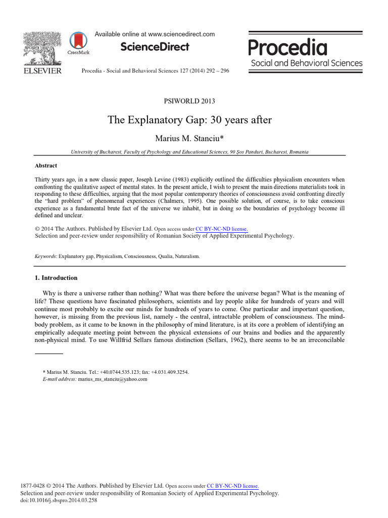 Sciencedirect: The Explanatory Gap: 30 Years After | PDF