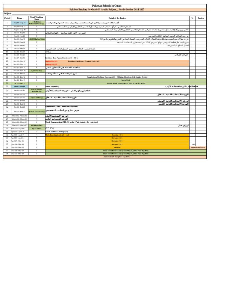 SI Arabic-Yearly Syllabus Breakdown 2024-25 | PDF