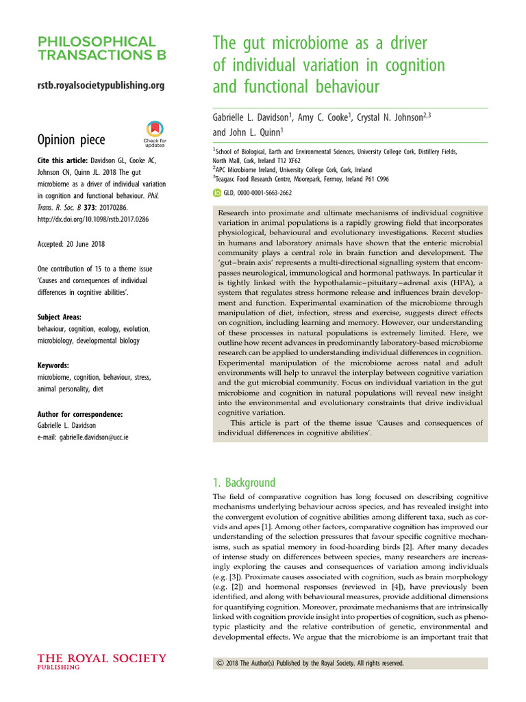 7 - The Gut Microbiome As A Driver of Individual Variation in Cognition and Functional Behaviour ...