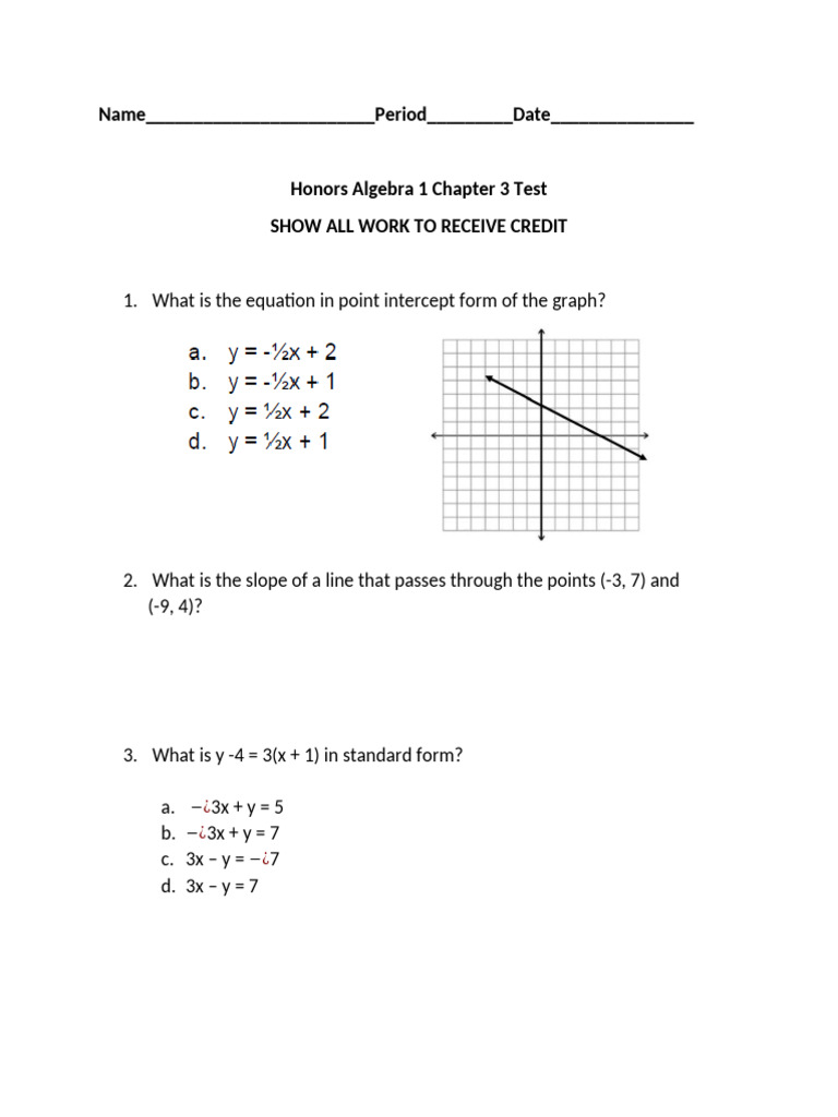 Alg 1 Honors Chapter 3 Test (2023) | PDF | Teaching Methods & Materials