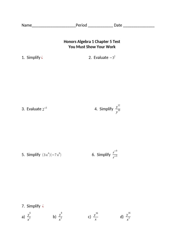 Alg 1 Honors Chapter 5 Test (2023) | PDF