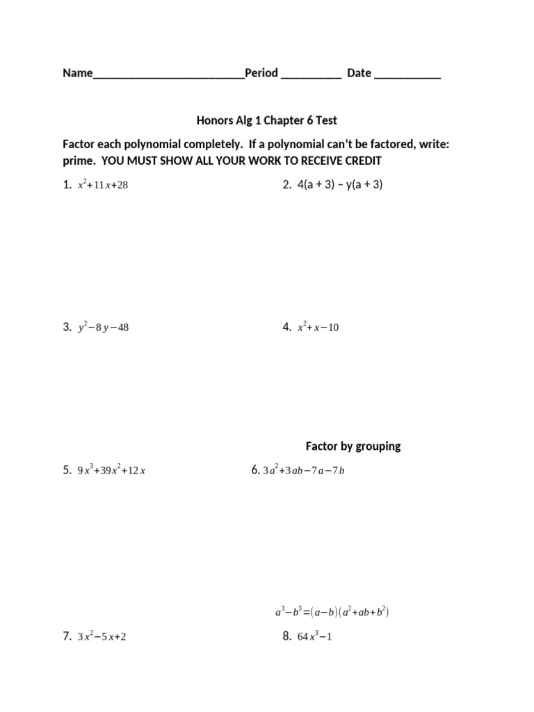 Alg 1 Honors Chapter 6 Test (2024) | PDF