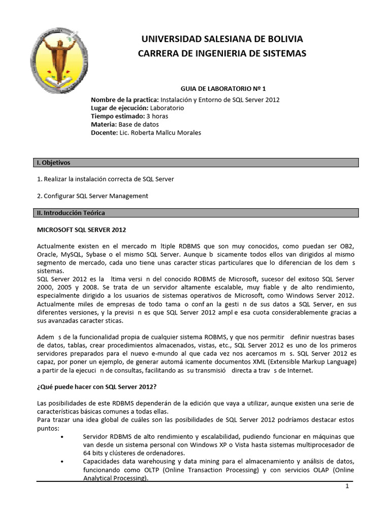 Guia Lab 1 Instalacion y Entorno SQLServer | PDF