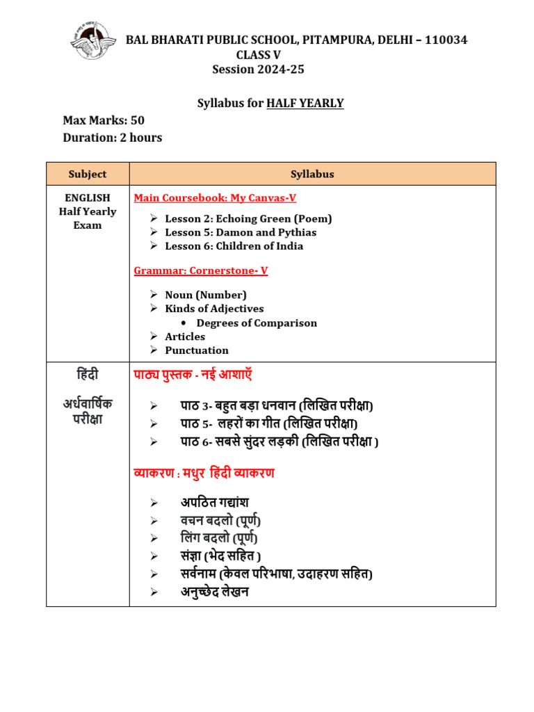 Class 5 Half Yearly Syllabus 2024-25 | PDF | Moon | Foreign Language ...