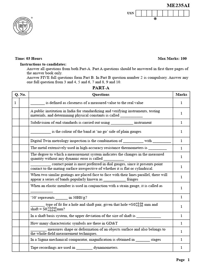 Metrology and Machine Drawing (2022 SCHEME) Model Question Paper | PDF