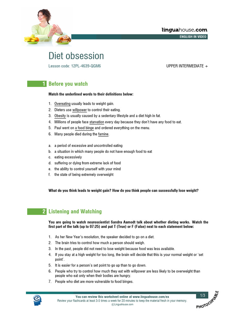 Diet Obsession British English Student - 1 | PDF