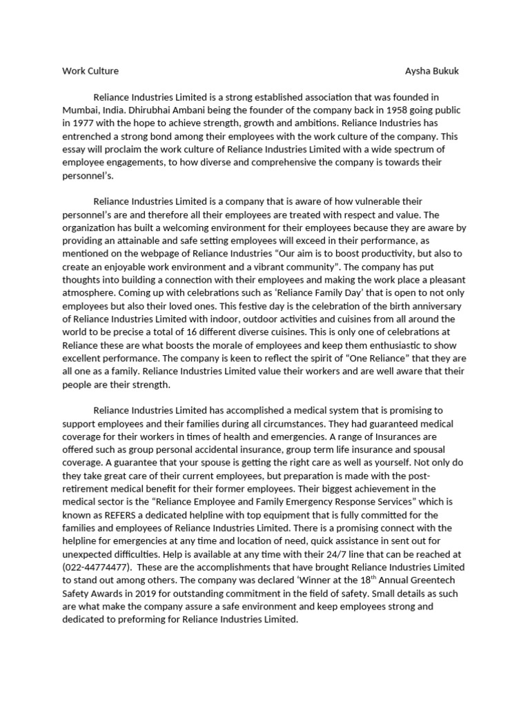 Reliance Industries Work Culture Draft | PDF