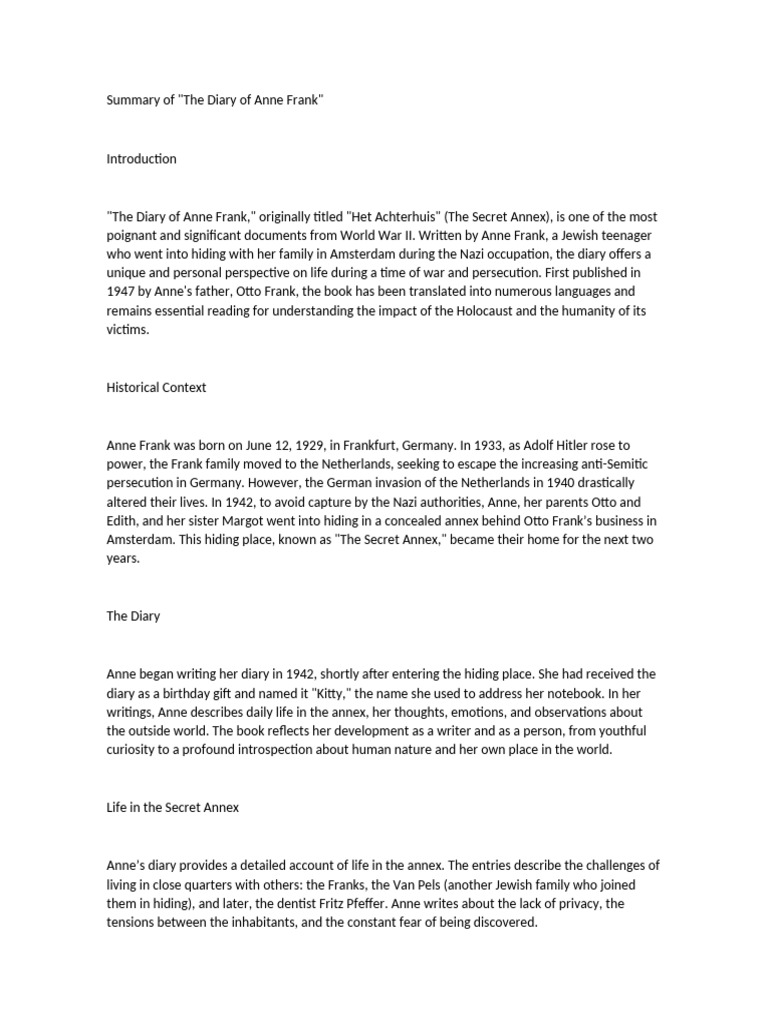 Summary of The Diary of Anne Frank | PDF
