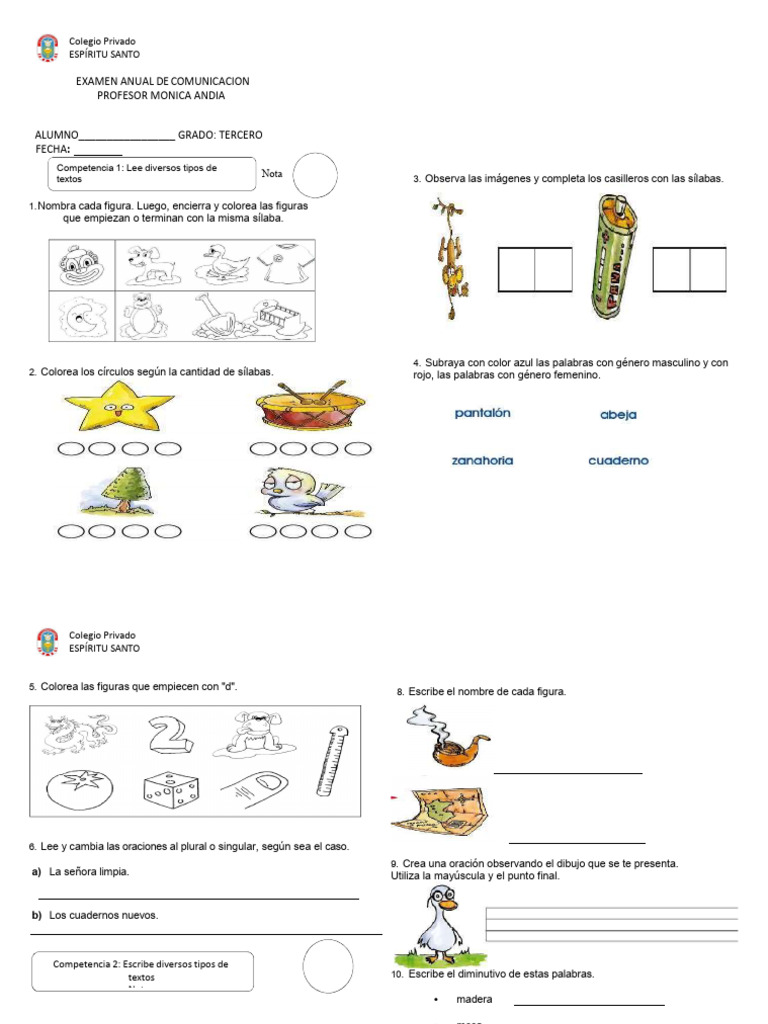 Examen Anual De Comunicacion Primer Grado Pdf