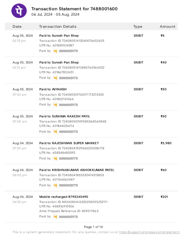 PhonePe Statement Jul2024 Aug2024 | PDF