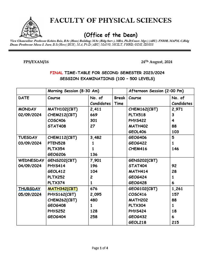 2nd Semester 20232024 Final Examination Timetable | PDF
