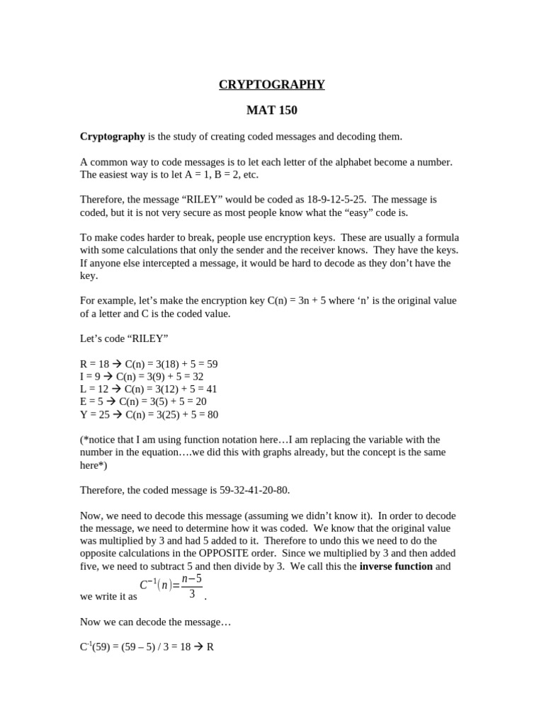 MAT 150 Collage Algebra: Cryptography Notes | PDF