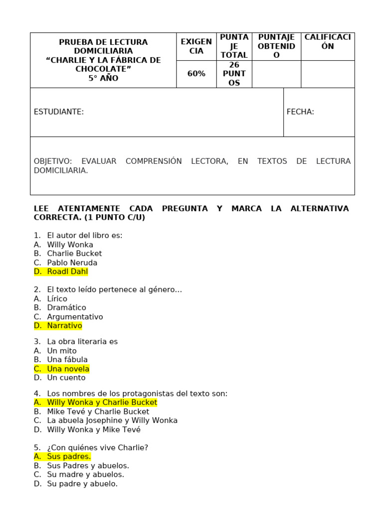 Prueba de Lectura: Charlie y la Fábrica de Chocolate | PDF