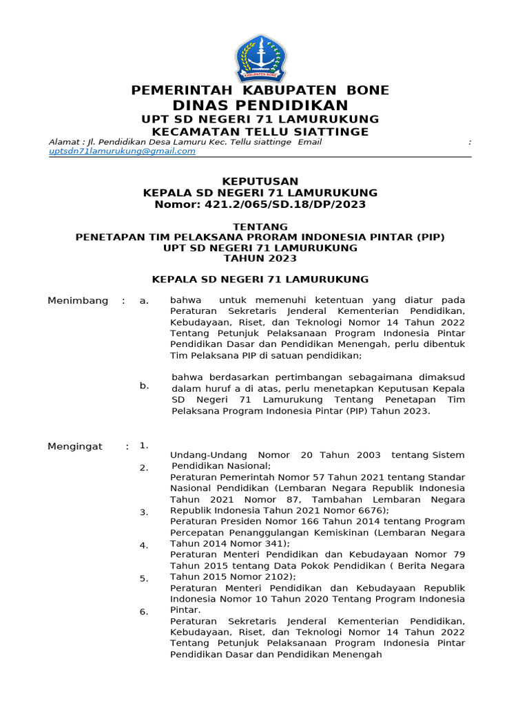 Contoh Template SK Tim Pelaksana PIP | PDF