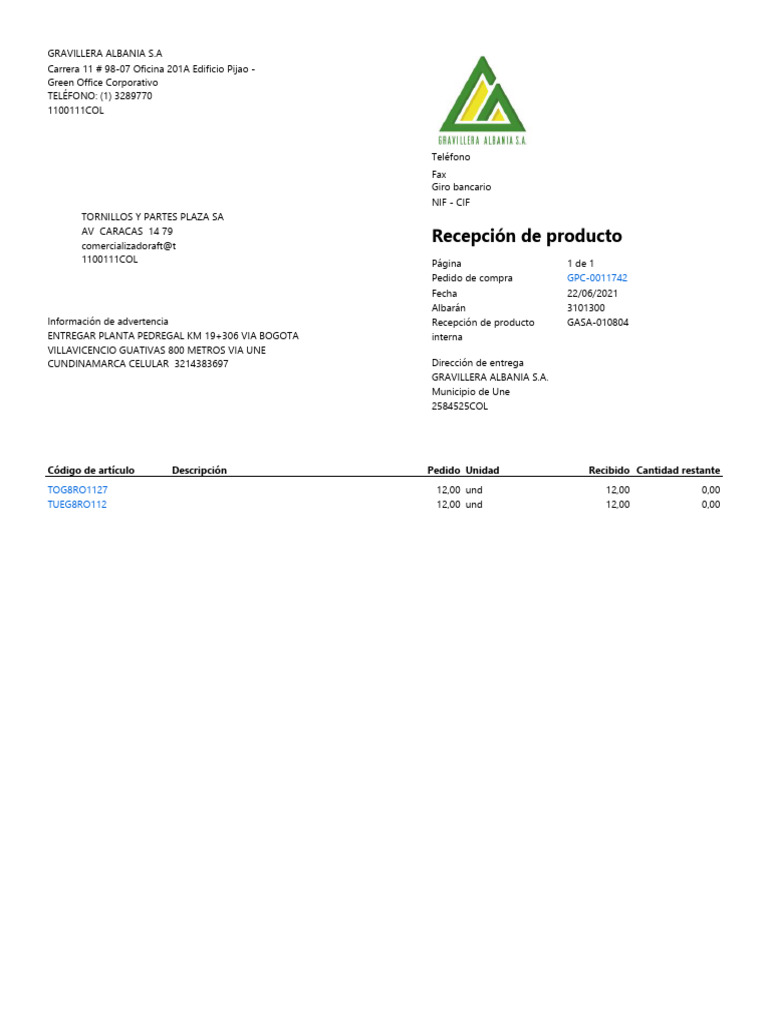 Recepción de Producto: Código de Artículo Descripción Pedido Unidad Recibido Cantidad Restante | PDF