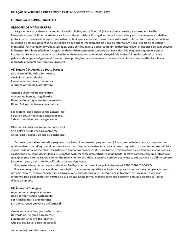 Literatura Colonial - Gregório de Matos - Antonio Vieira e Tomás A ...