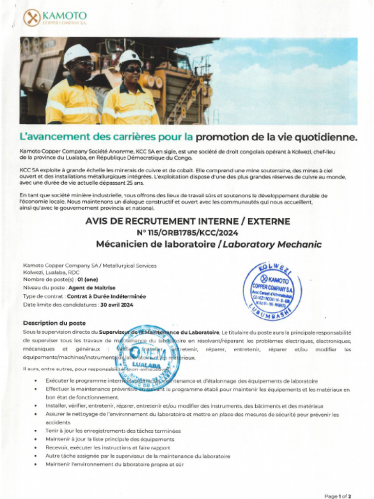 Avis de Recrutement Interne Externe Mecanicien de Laboratoire 115 | PDF