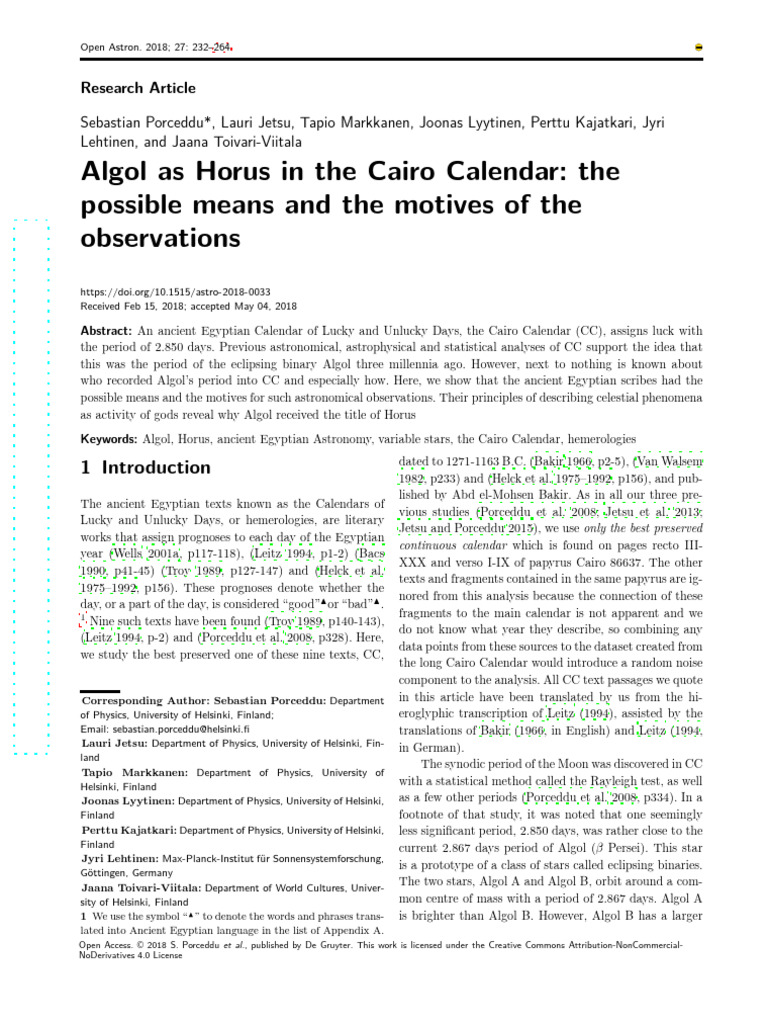 Algol As Horus in The Cairo Calendar, The Possible Means and The ...