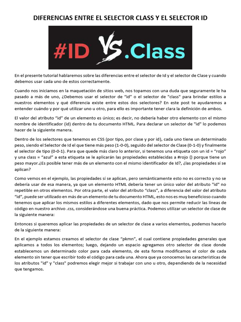 Diferencias Entre El Selector Class y El Selector Id | PDF ...