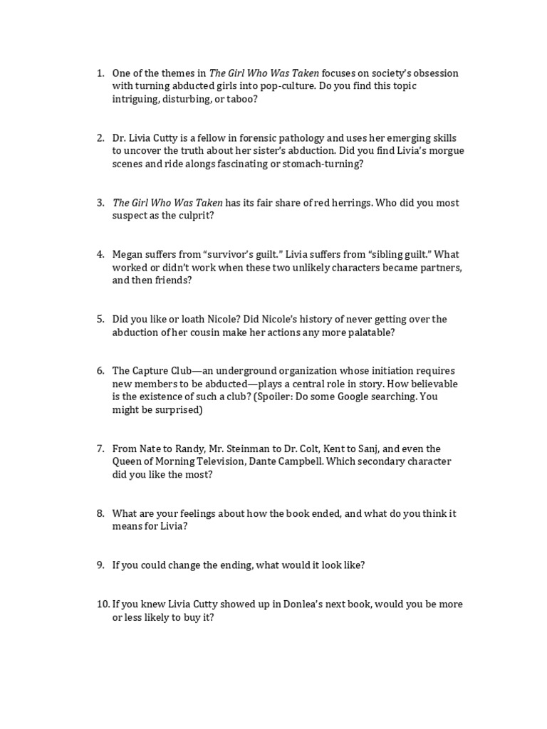 The Girl Who Was Taken by Charlie Donlea Discussion Questions For The ...